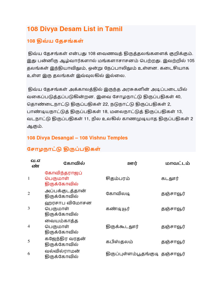 108 Divya Desam List in Tamil | PDF