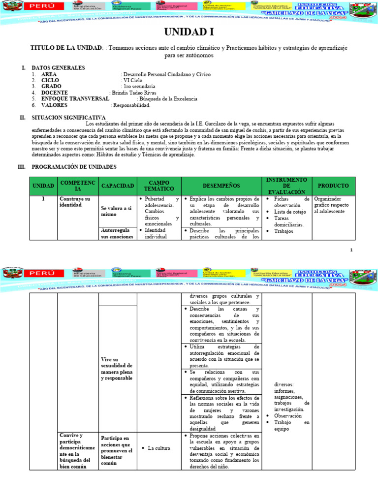 UNIDAD DE APRENDIZAJE DE DPCC 1ro | PDF | Las emociones | Aprendizaje