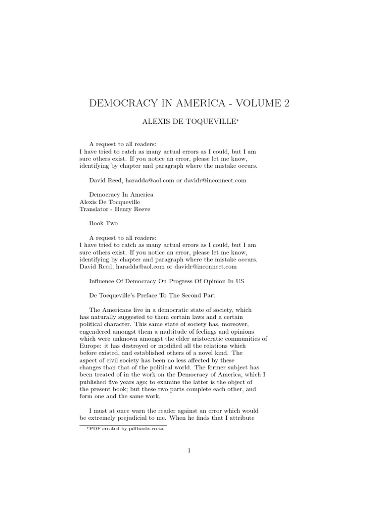 Tocqueville's Democracy in America, Vol 2 | PDF | Democracy In America ...