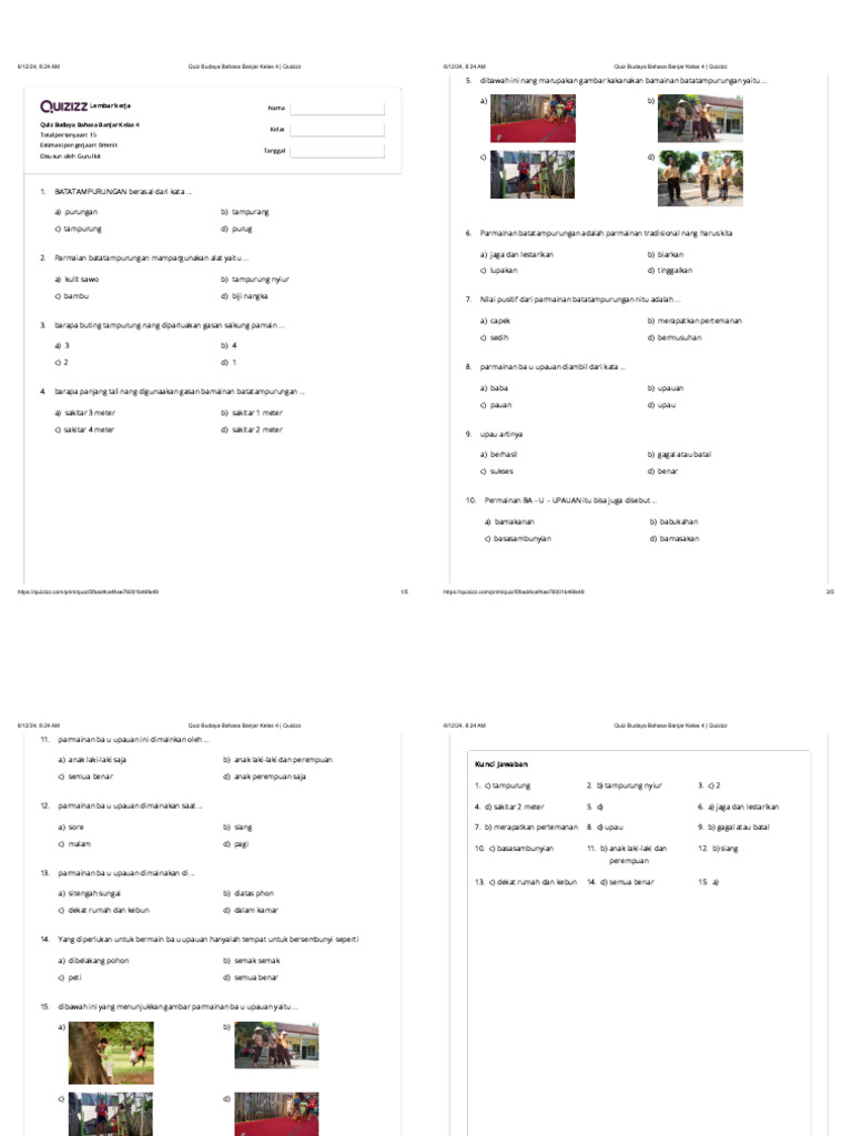 Quiz Budaya Bahasa Banjar Kelas 4 - Quizizz Jawaban | PDF