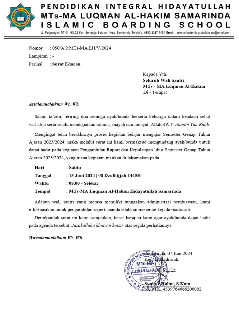 Surat Edaran Pengambilan Raport Semester Genap Tahun Ajaran 2023-2024 | PDF