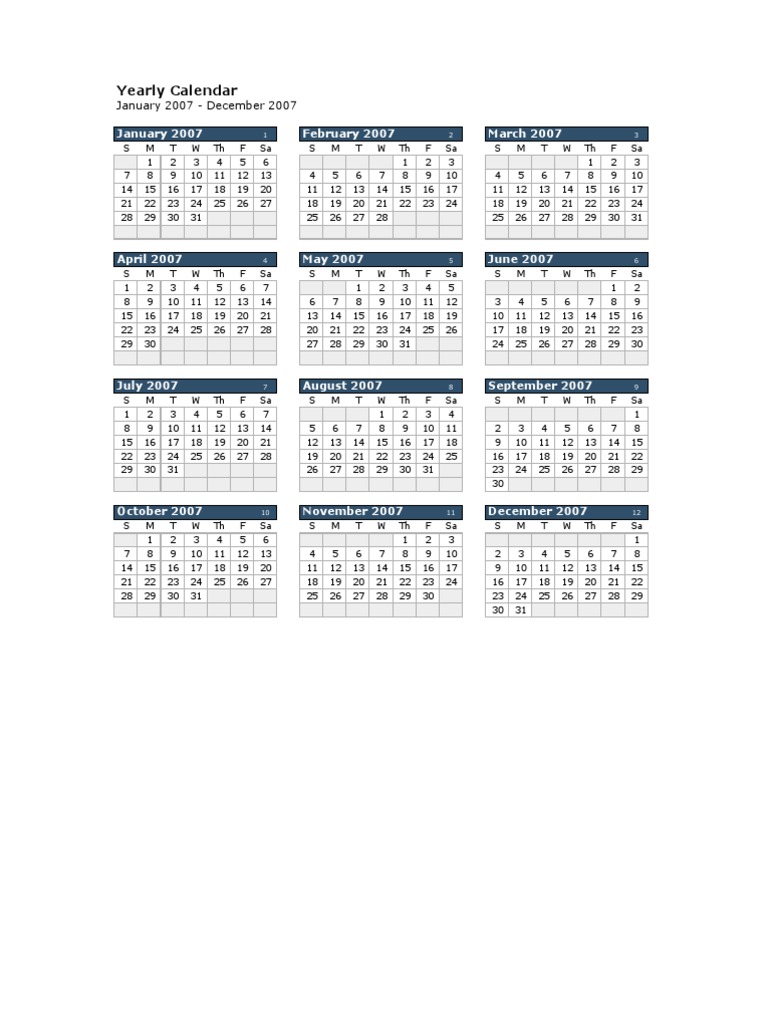 Yearly Calendar 2007 Overview | PDF