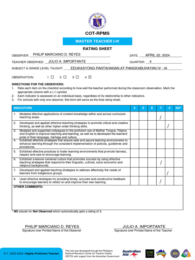 Teacher Observation Rating Sheet 2023 | PDF | Teachers | Learning