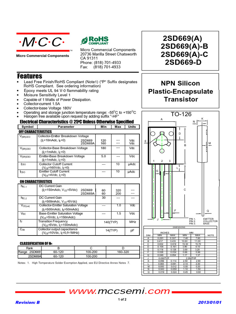 2SD669 - Datasheet | Download Free PDF | Bipolar Junction Transistor | Electronics
