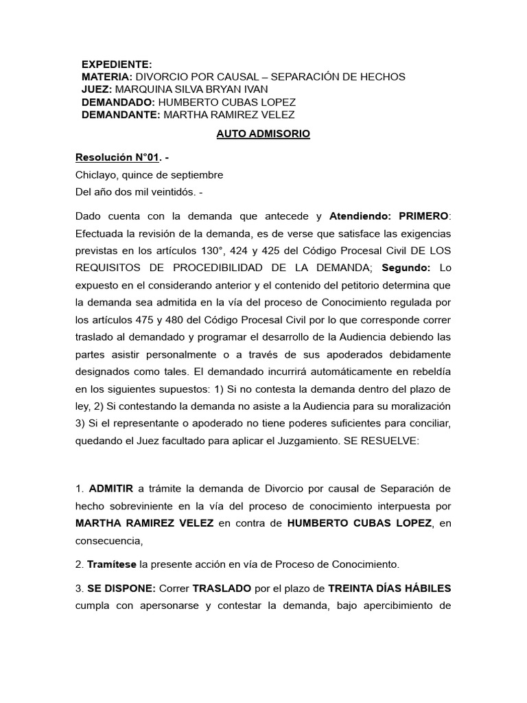 AUTO ADMISORIO - RESOLUCION N°01- DIVORCIO SEPARACIÓN DE HECHO | PDF AUTO ADMISORIO - RESOLUCION N°01- DIVORCIO SEPARACIÓN DE HECHO | PDF