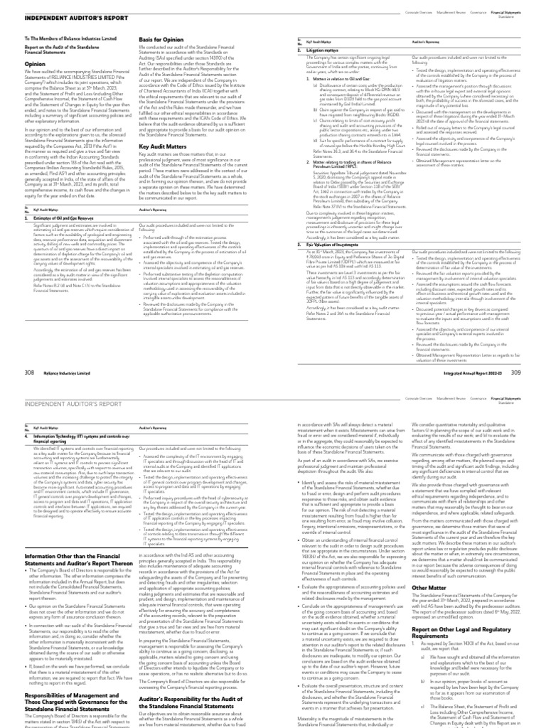RIL IR2023 Standalone | PDF | Audit | Financial Audit