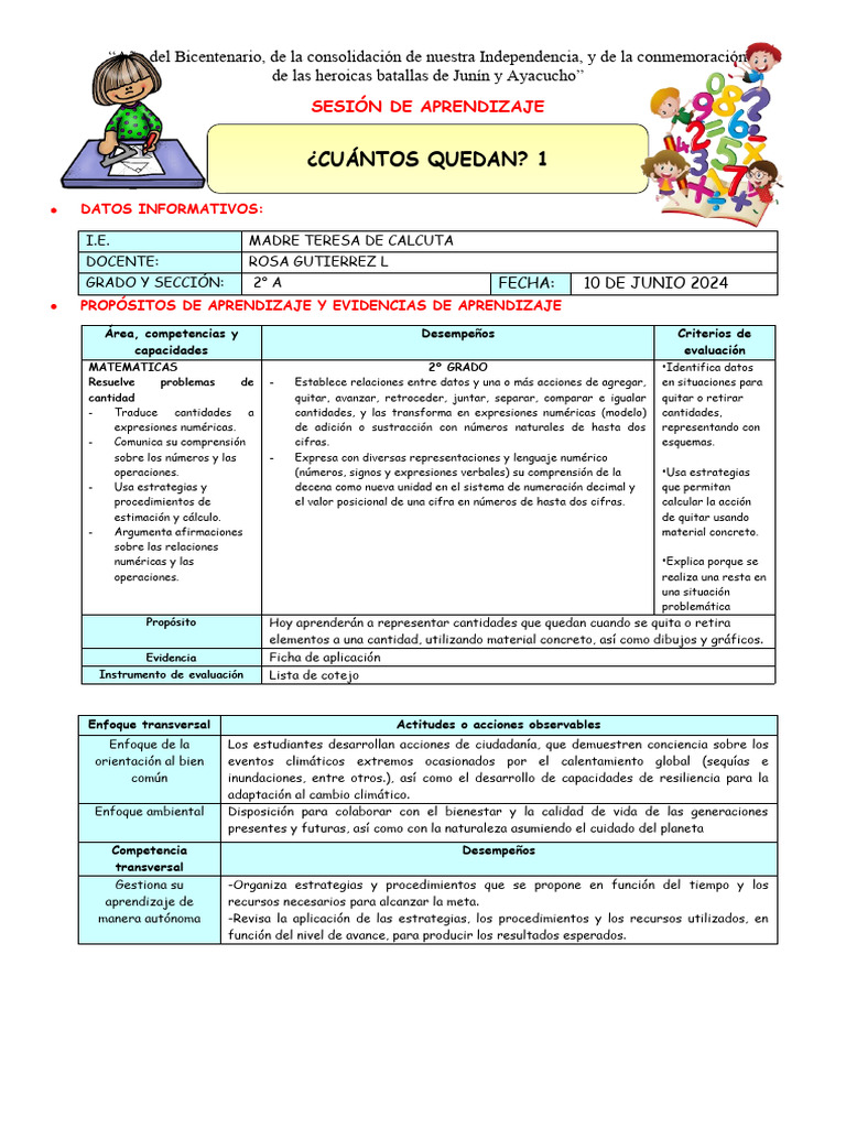 U3 S5 Sesion D2 Mat Cuantos Quedan 1 | PDF | Aprendizaje | Evaluación