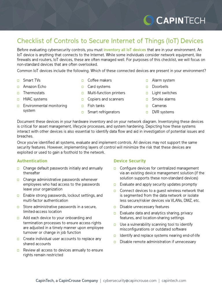 CapinTech IoT Devices Security Checklist | PDF | Internet Of Things | Security