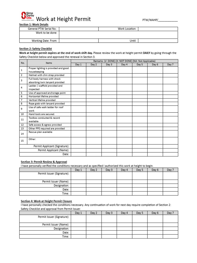 Work at Height Permit Checklist | PDF | Safety