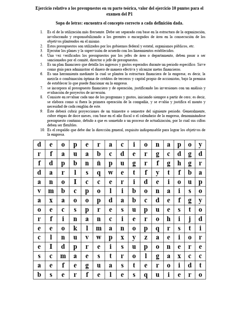 Ejercicio Sopa de Letras - Presupuestos | PDF | Presupuesto | Economias