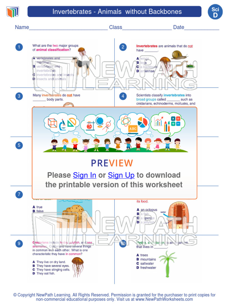 Worksheet Science Grade 4 Invertebrates Animals Without Backbones 0 ...