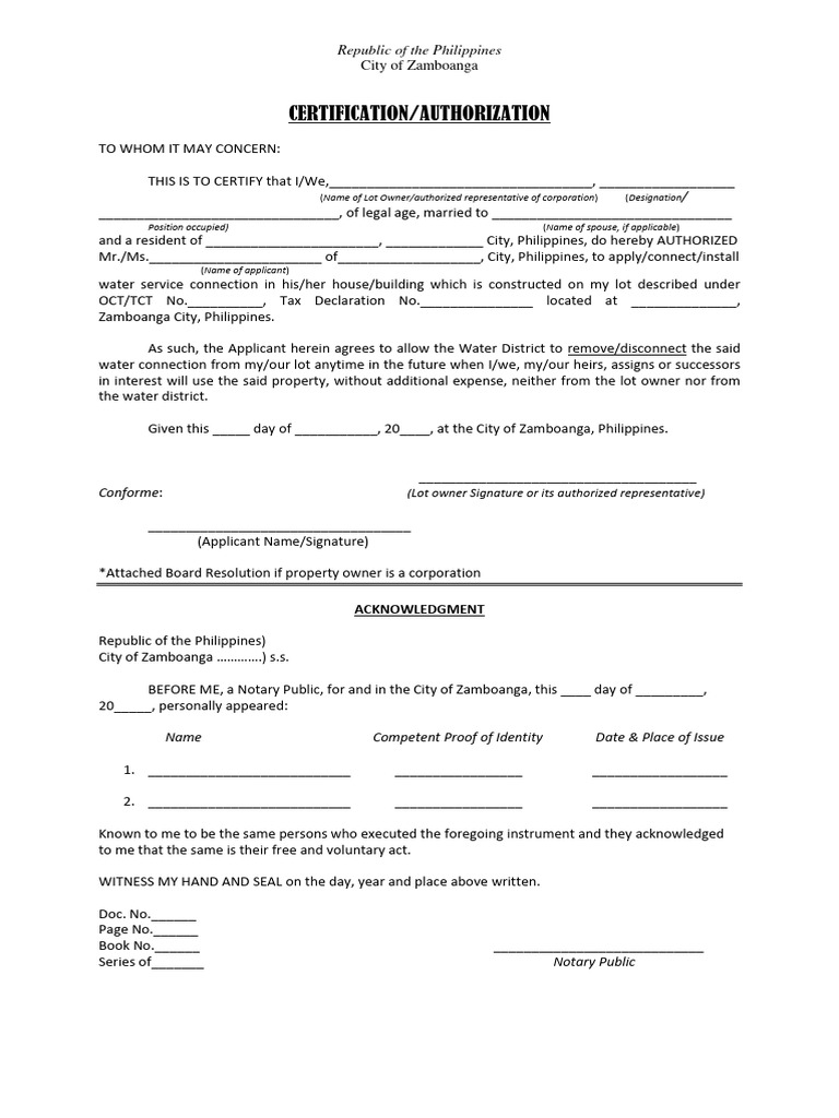 Zamboanga Water Service Authorization Form | PDF | Justice | Crime & Violence