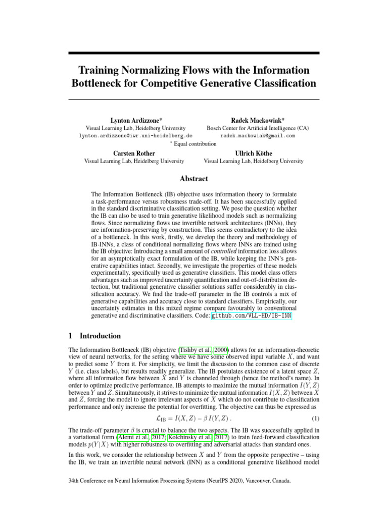 NeurIPS 2020 Training Normalizing Flows With The Information Bottleneck For Competitive ...