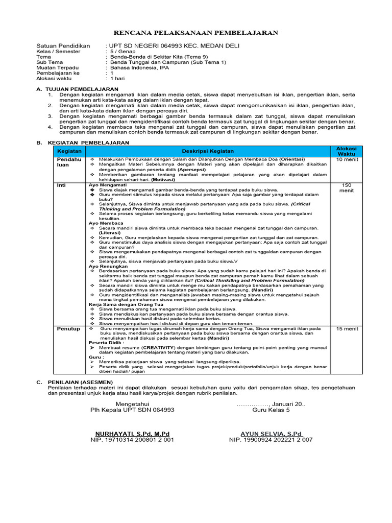 RPP Tema 9 Kelas 5 Sem 2 | PDF