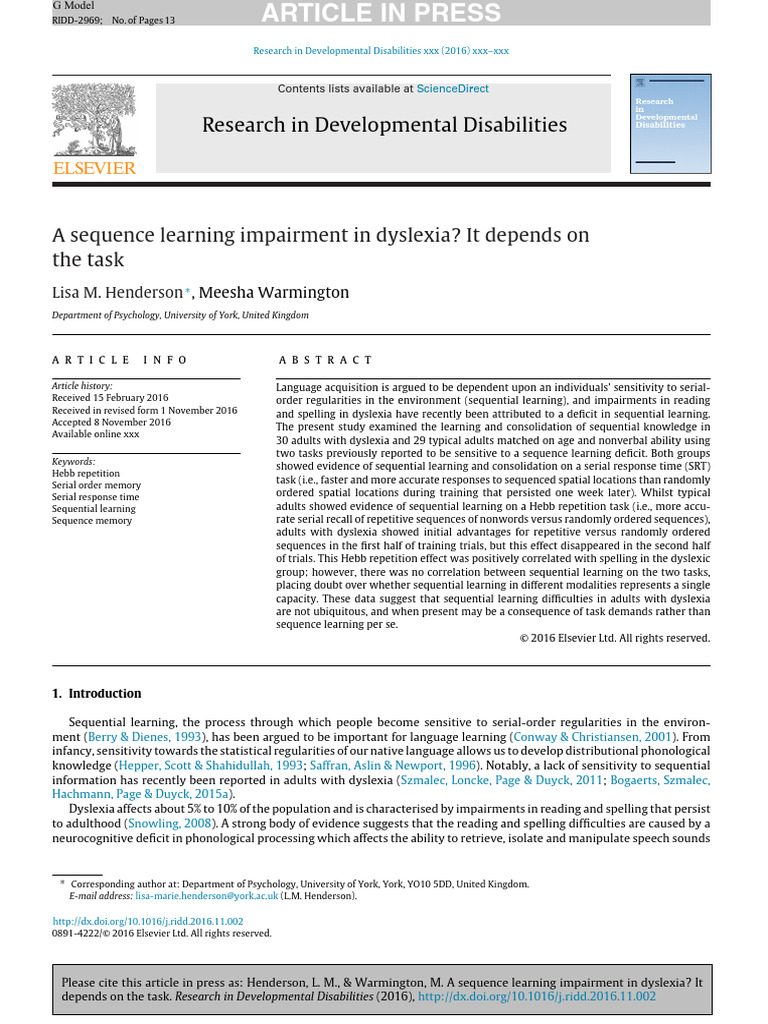(Art) A Sequence Learning Impairment in Dyslexia It Depends On The Task | PDF | Dyslexia | Cognition