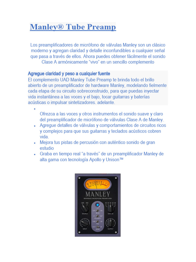 Preamplificador Manley Tube: Sonido Clase A | PDF