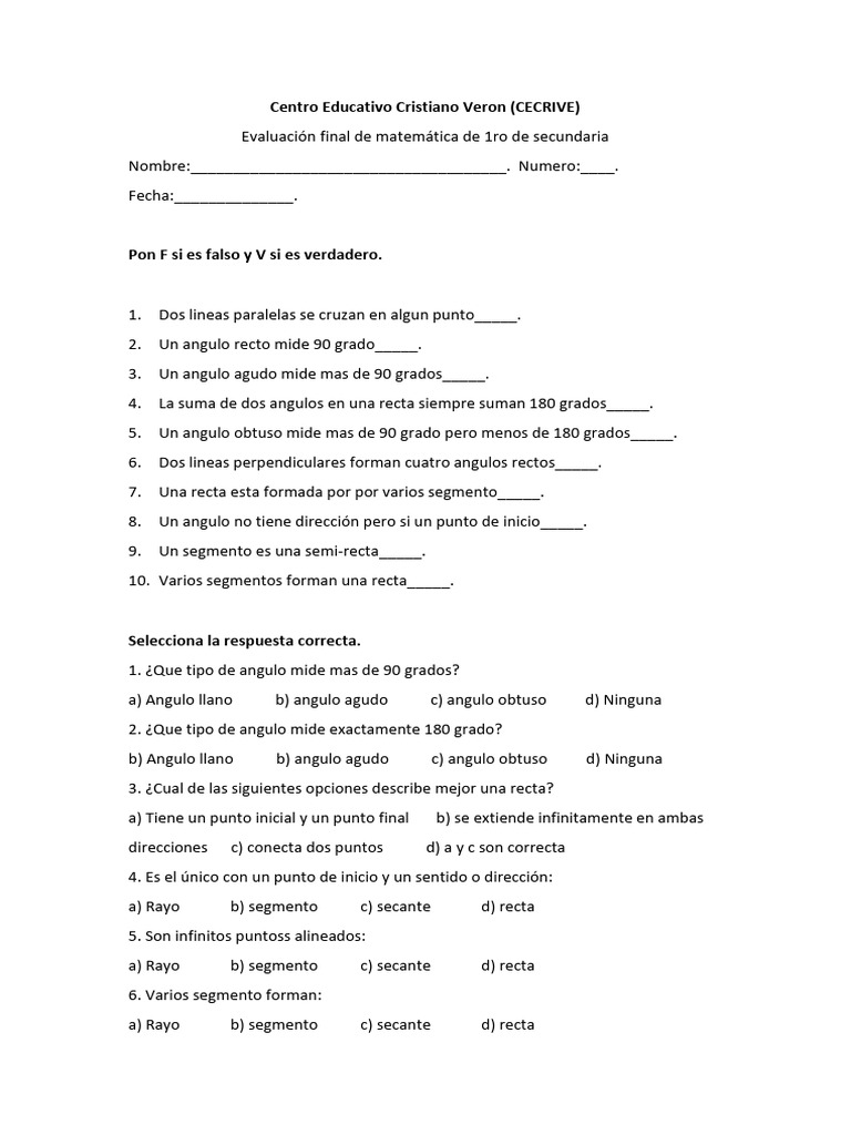 Evaluacion de 1ro Matematica | PDF | Ángulo | Perpendicular