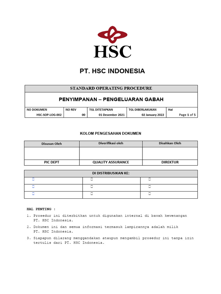 HSC-SOP-LOG-002 Penyimpanan-Pengeluaran Gabah - Done | PDF