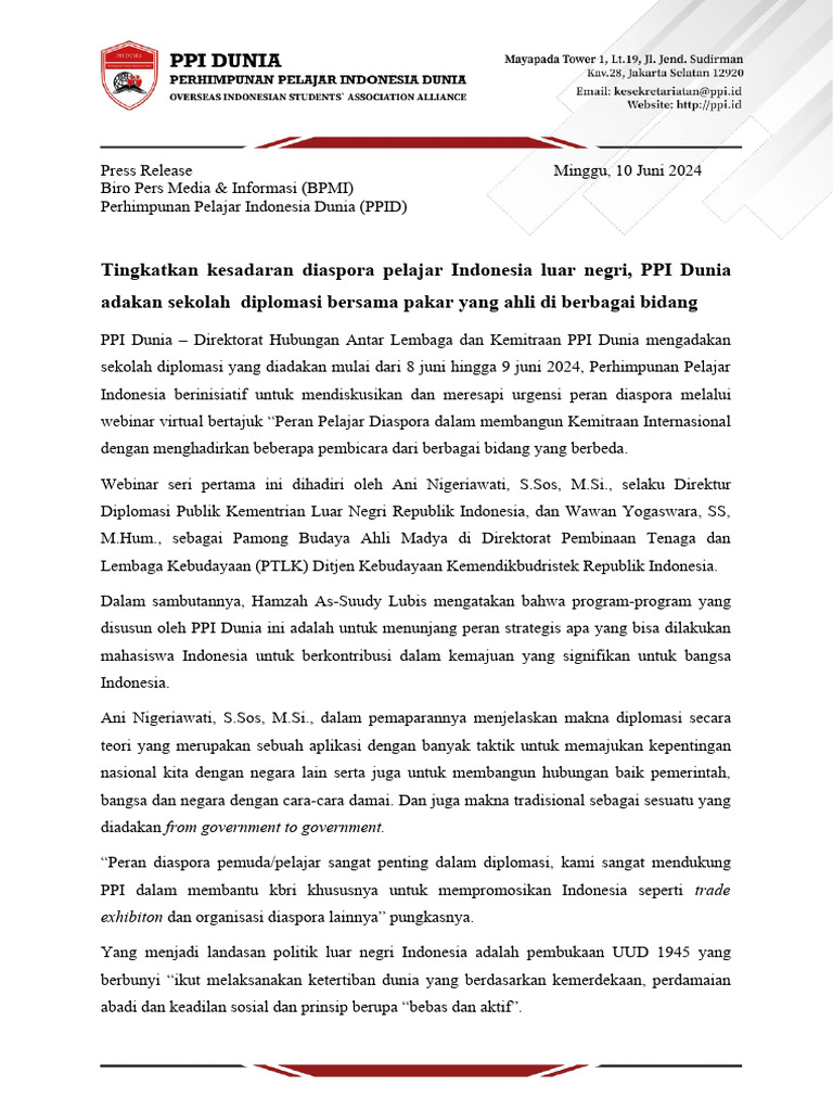10-06-2024 Press Rilis Seri Pertama Sekolah Diplomasi PPI Dunia | PDF