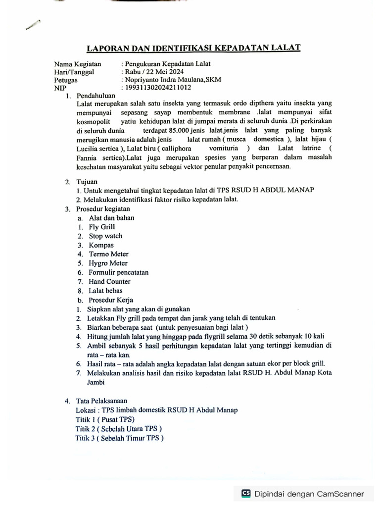 Laporan Identifiksi Kepadatan Vektor Binatang Pembawa Penyakit Lalat | PDF
