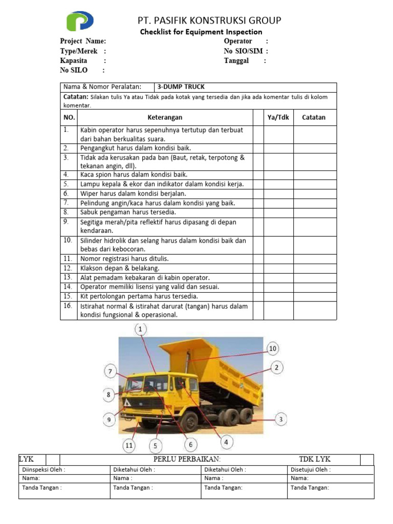 FORM CHECK LIST INSPEKSI DUMP TRUCK | PDF
