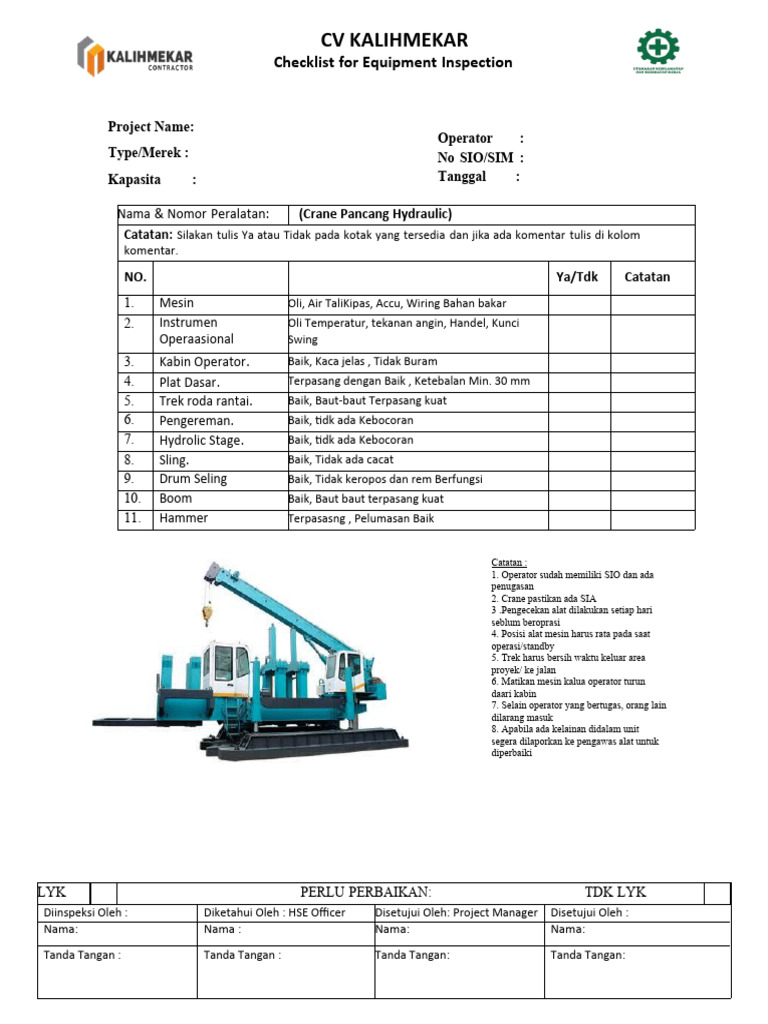 Form Check List Inspeksi Crane | PDF