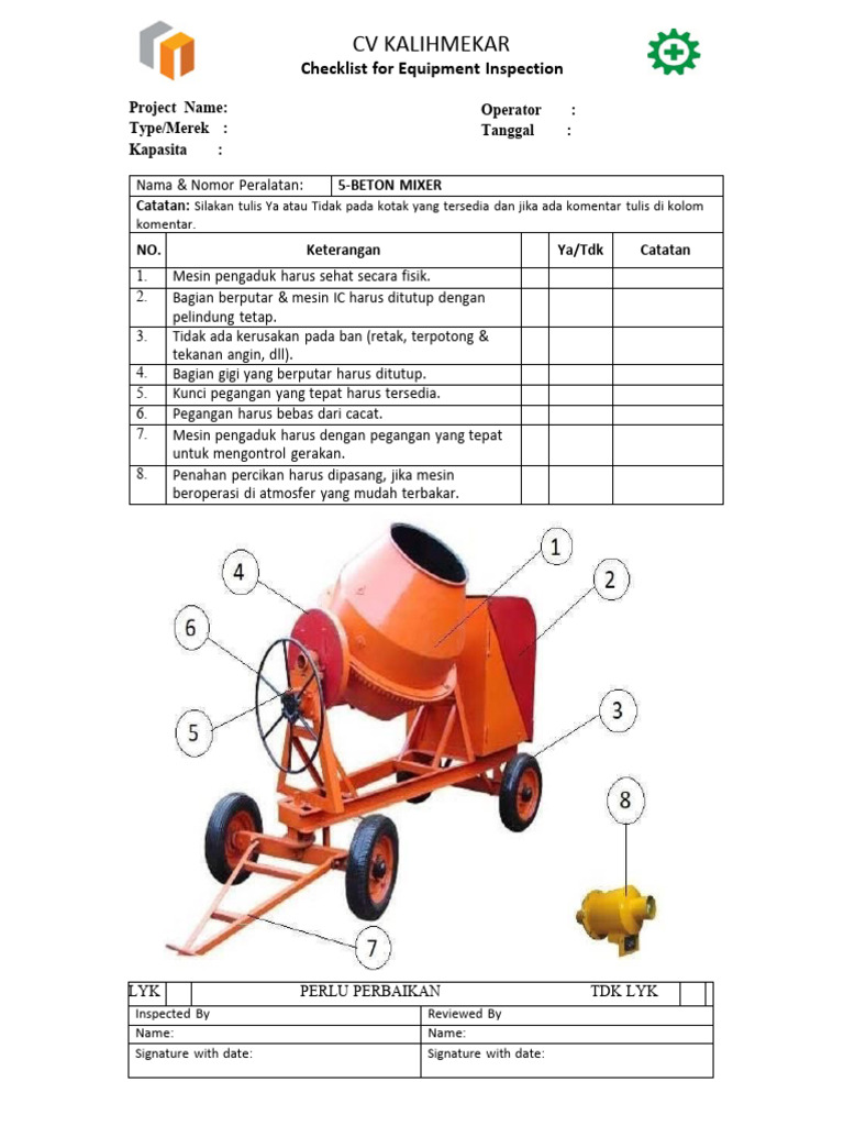 FORM CHECK LIST INSPEKSI BETON MIXER | PDF
