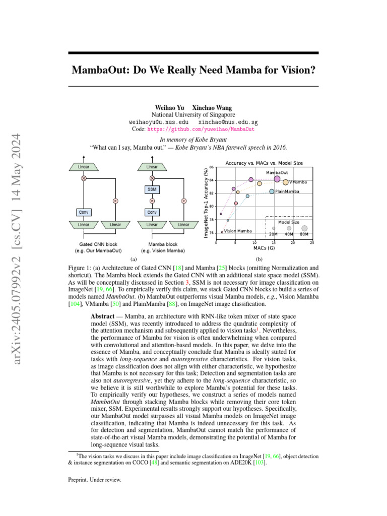 Mambaout: Do We Really Need Mamba For Vision?: Code | PDF | Image ...