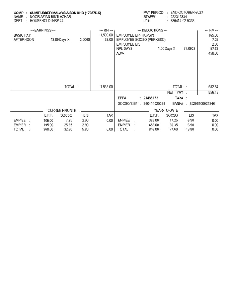 END OCTOBER 2023 Payslip | PDF