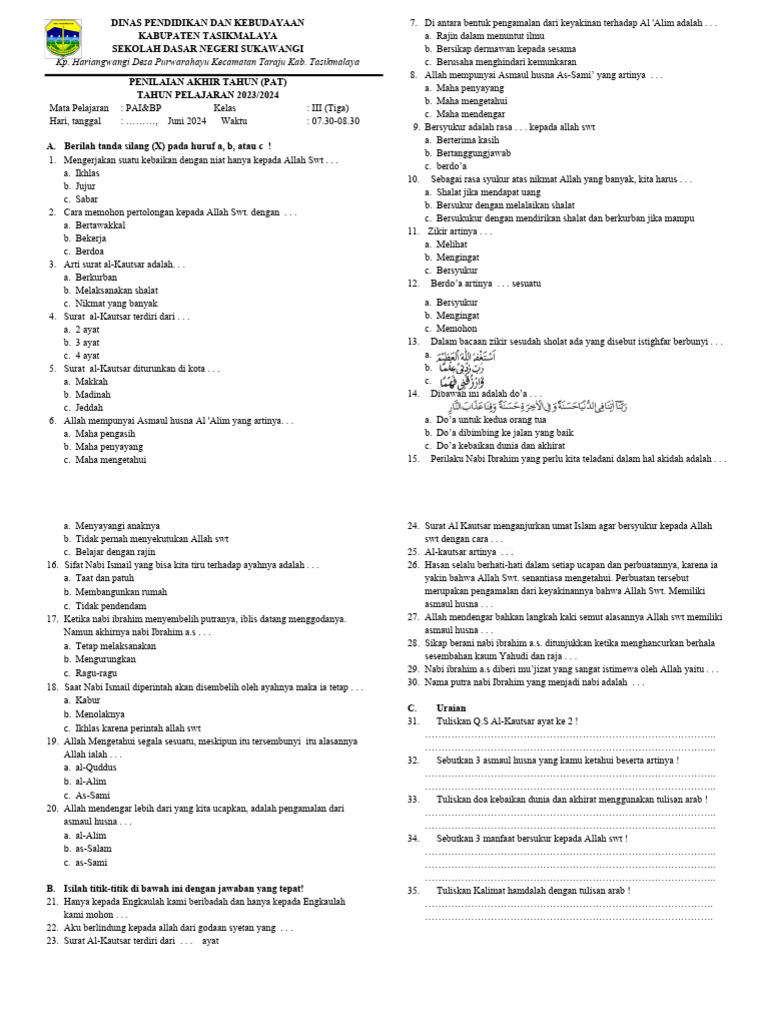 Soal Pat Pai Kelas 3 2022 | PDF