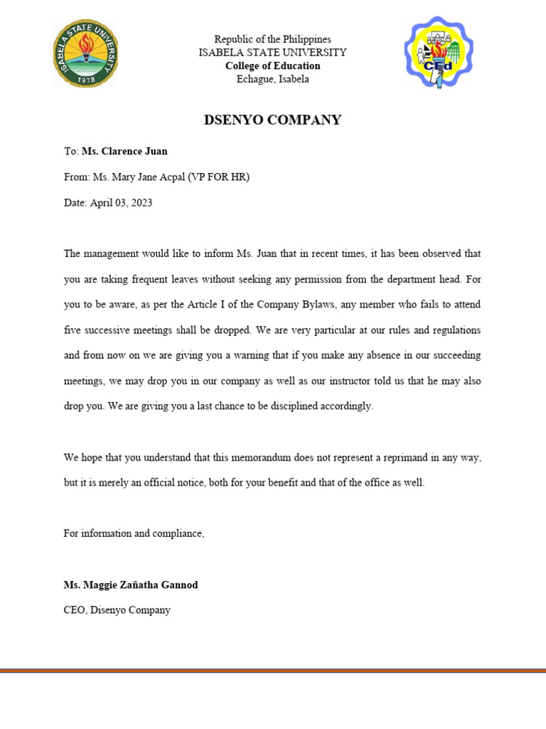 Memo For Absence | PDF