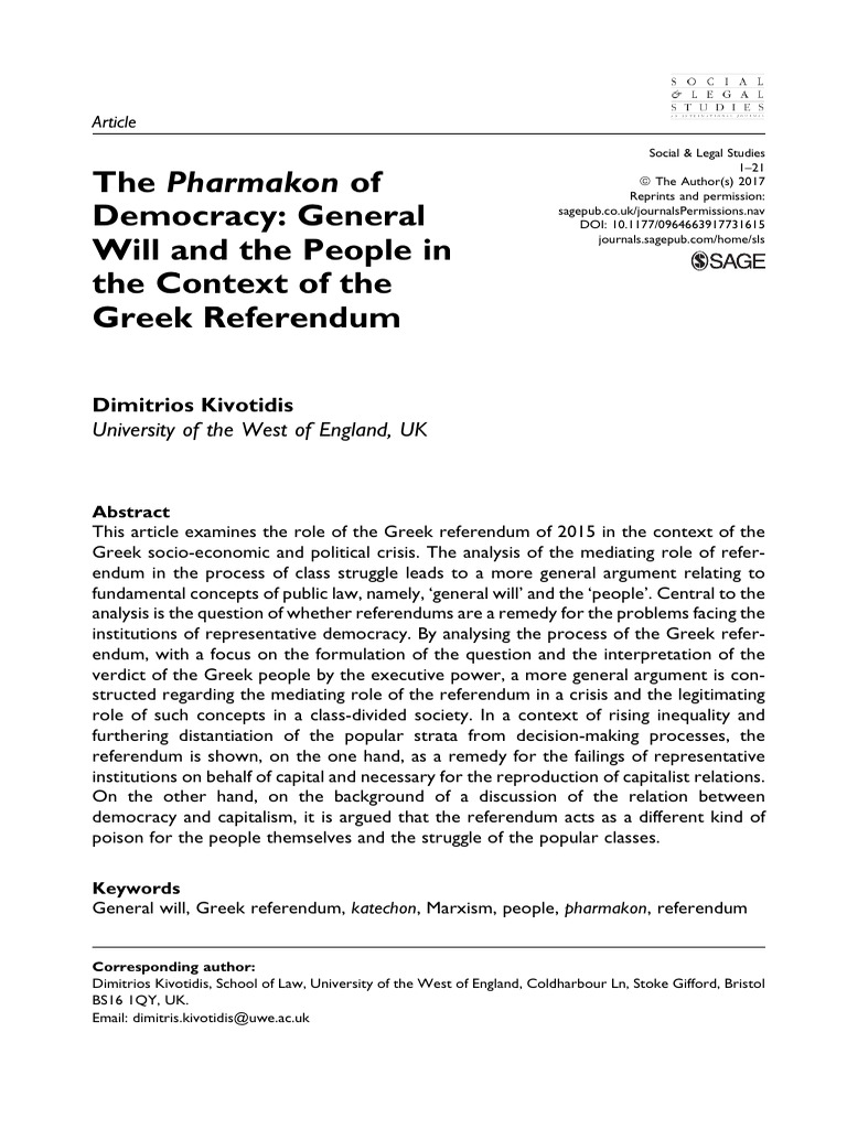 Kivotidis The Pharmakon of Democracy | PDF | Free Will | Ideologies
