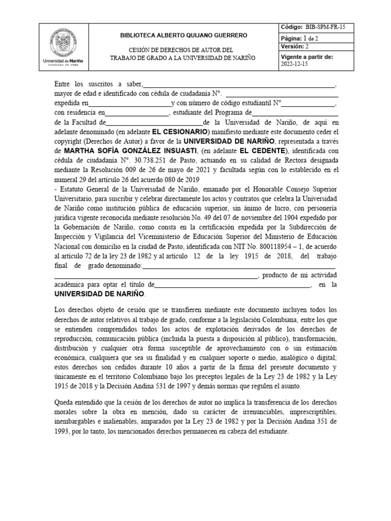 1 Form.cesión Derechos de Autor Bib Spm Fr 15 v2!04!12 2023 | PDF ... 1 Form.cesión Derechos de Autor Bib Spm Fr 15 v2!04!12 2023 | PDF ...