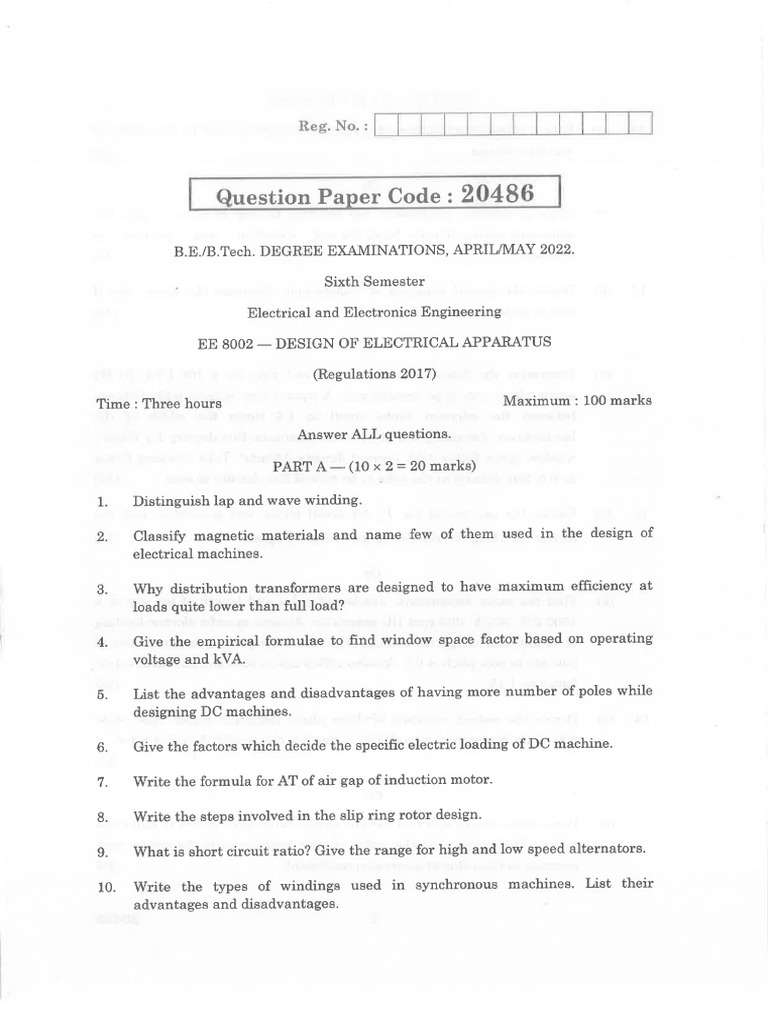 EEE-AM-2022-EE 8002-Design of Electrical Apparatus--EE 8002 | PDF