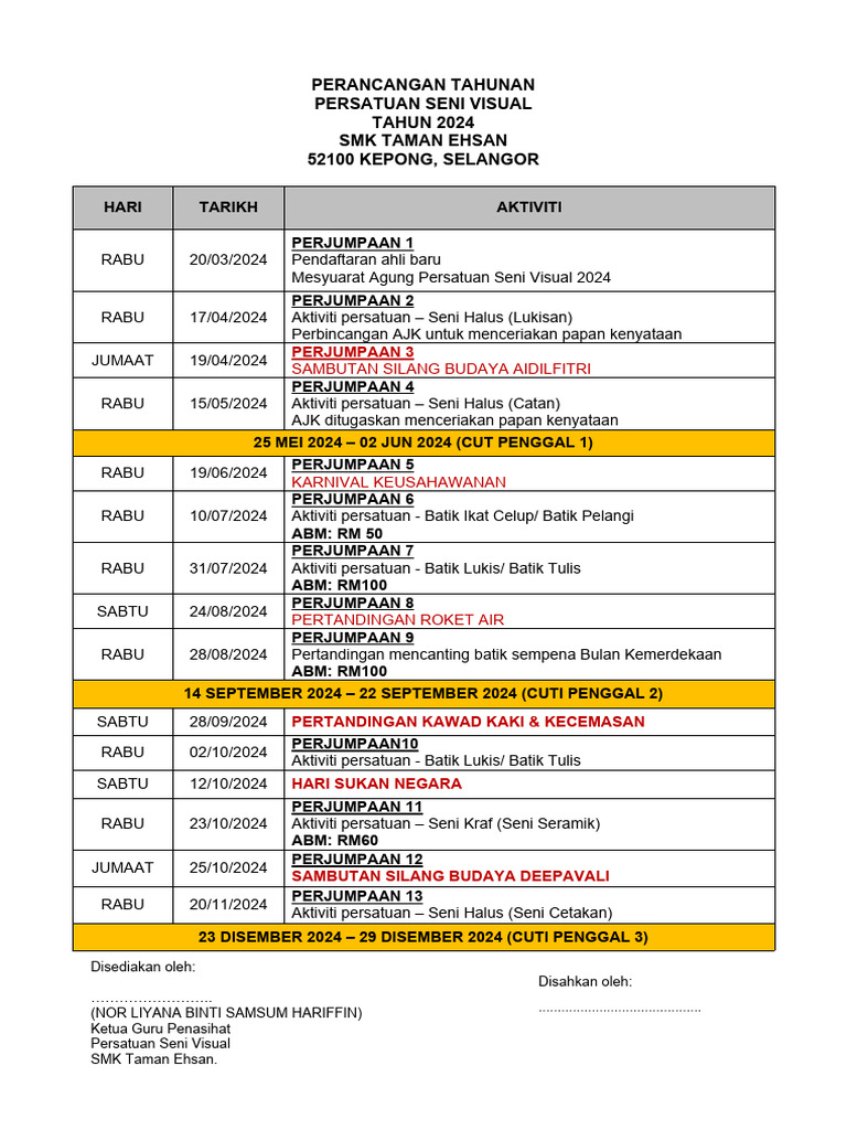 Perancangan Tahunan Kelab PSV 2024 | PDF