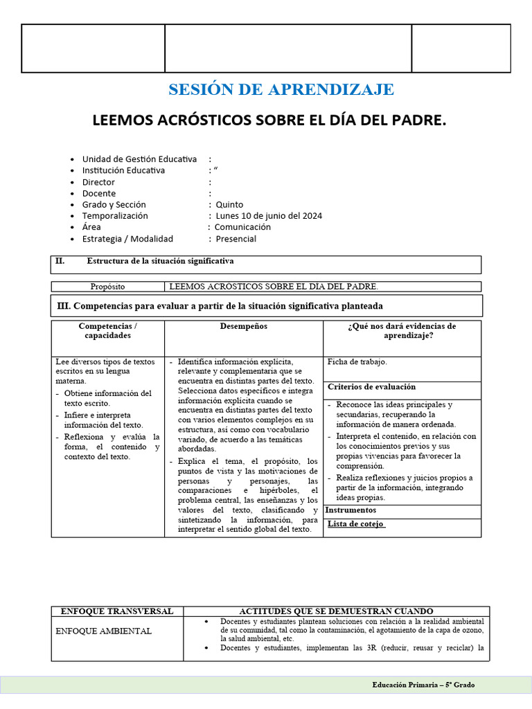 Acrósticos Sobre El Día Del Padre. | PDF | Evaluación | Enseñando