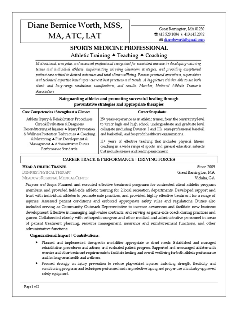 Athletic Trainer Sports Medicine Resume Diane Worth | Physical Therapy ...