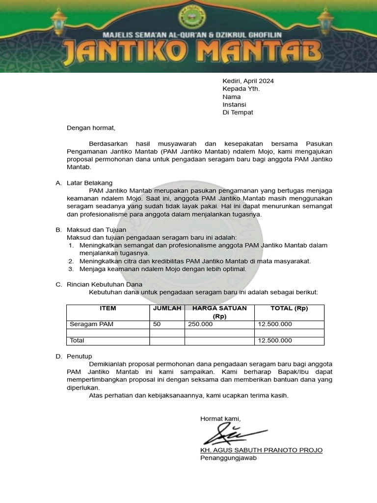 Proposal Dana Seragam PAM Jantiko Mantab | PDF