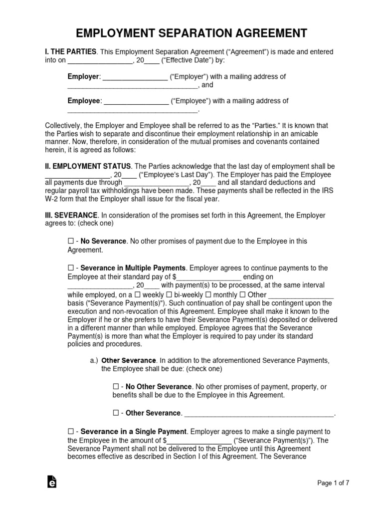 Employment Separation Agreement Template | PDF | Employment | Damages