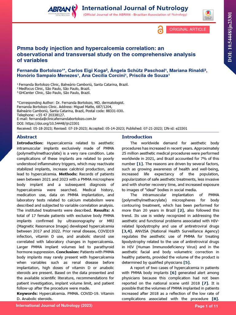 Original Pmma Body Injection and Hypercalcemia Correlation | PDF ...