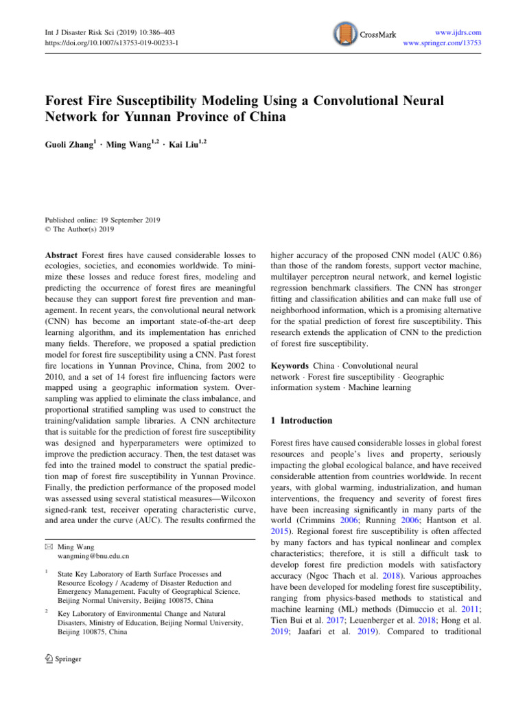 Forest Fire Susceptibility Modeling Using A Convolutional Neural Network For Yunnan Province Of
