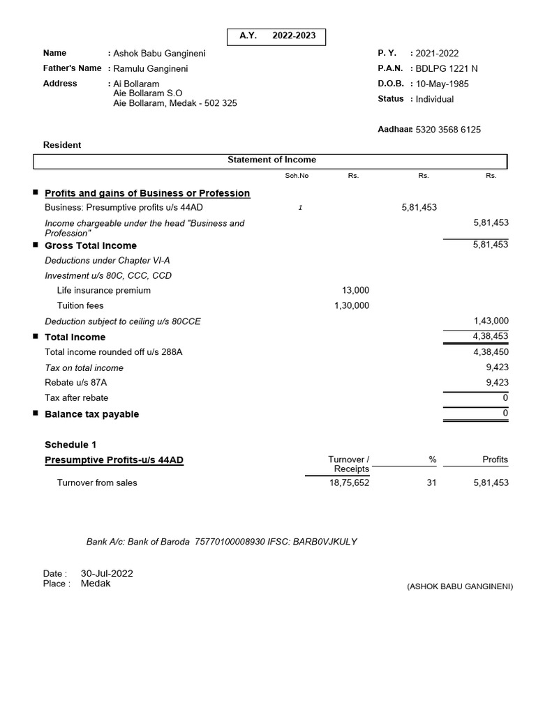 Itr Computation Ay 22 23 Pdf Revenue Taxation