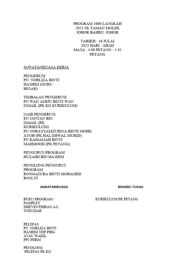Bidang Tugas Ajk Program 1000 Langkah 2023 | PDF