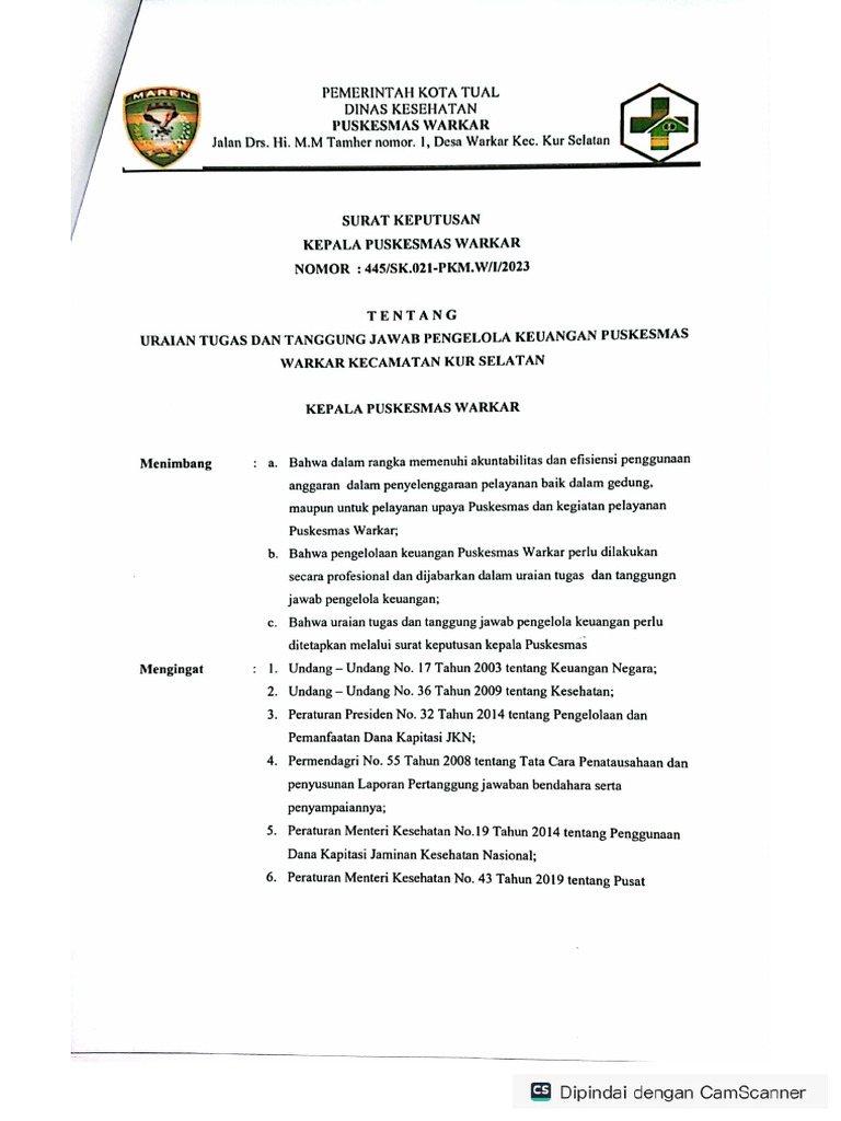 SK Uraian Tugas Dan Tanggungjawab Pengelola Keuangan | PDF