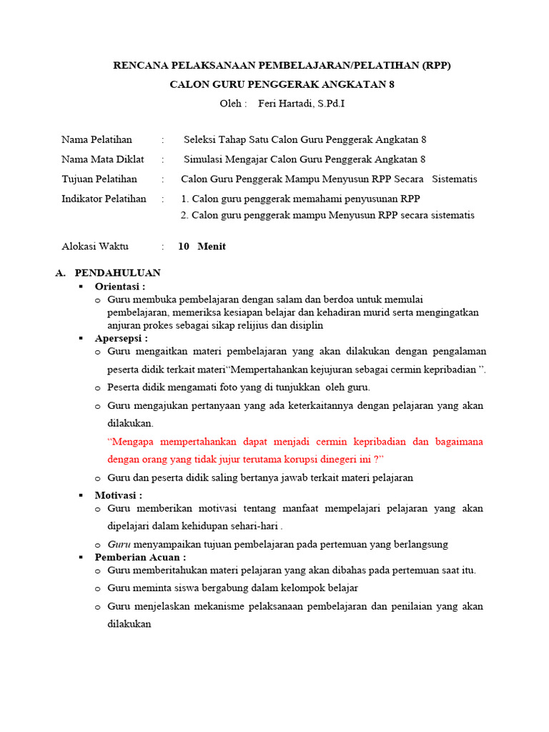 Rencana Pelaksanaan Pembelajaran/Pelatihan (RPP) Calon Guru Penggerak ...
