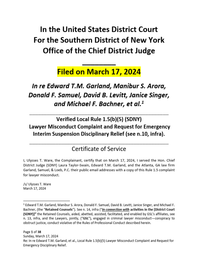 66-7A - 03.17.24 Re in Re Garland - Et Al Local Rule 1.5 (B) Misconduct ...