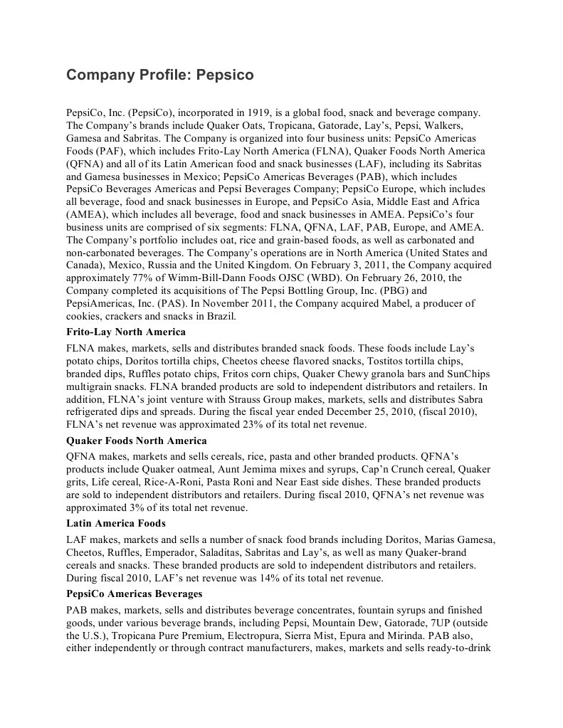 Company Profile Pepsi | PDF | Pepsi Co | Food Industry