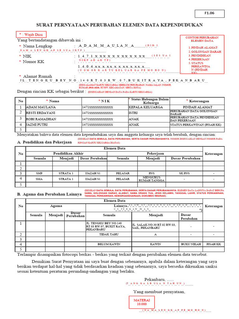 Surat Pernyataan Perubahan KK | PDF