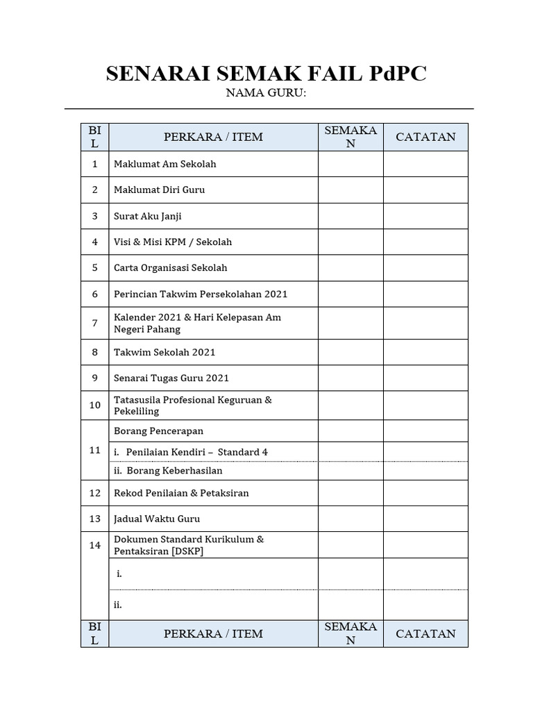 SENARAI SEMAK FAIL PDPC 2021 | PDF