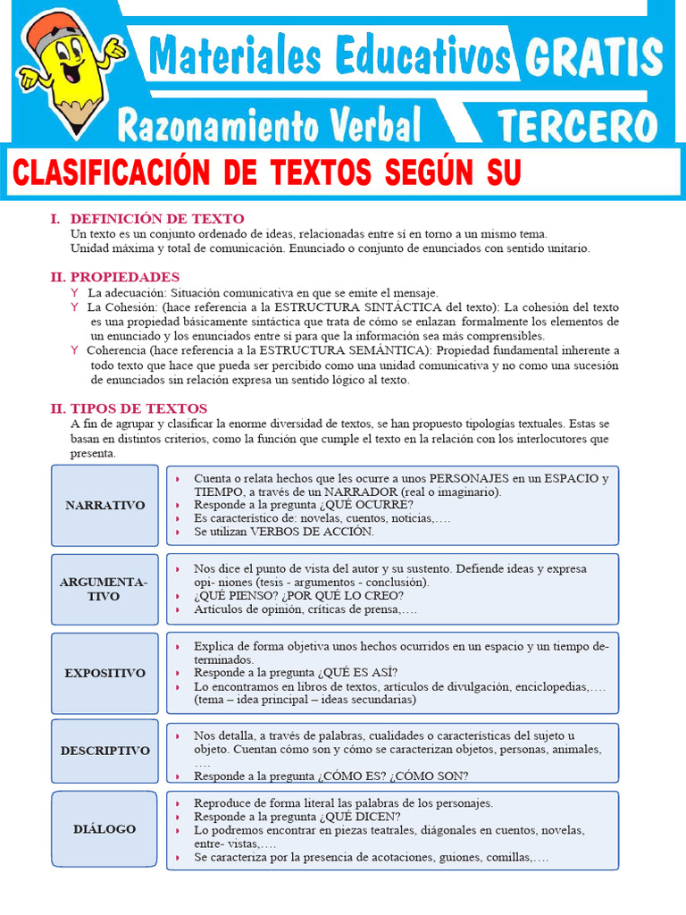 Clasificación-de-Textos-según-su-Contenido-para-Tercer-Grado-de-Secundaria | PDF | Narración ...